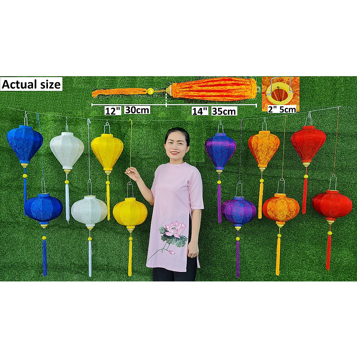 4 Vietnamese Bamboo Silk Lantern 14” Hoi an Lamp Vietnam Balloon Chandeliers Décor Wedding Garden Party Yard Outdoor Indoor Holiday Asian Traditional Decoration 2RND-35-WHI-4PCS