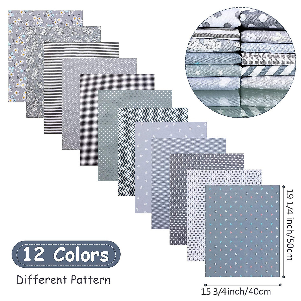 12 Pieces Quilting Fabric Grey Fat Quarters Floral Craft Fabric Bundle Patchwork Pre-Cut Sewing Square Sheets, 20 x 16 Inch/ 50 x 40 cm