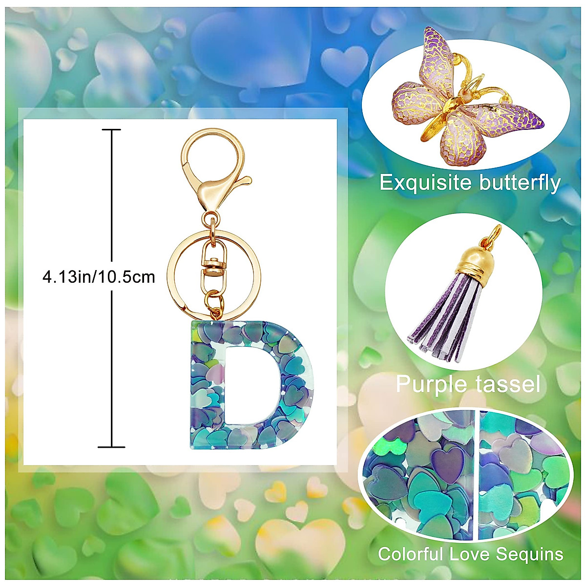 TTYY Initial Letter Keychains for Girls Women Pink Purple Green Cute Butterfly Heart Keychain for Backpack School Bag (purple heart Letter D)