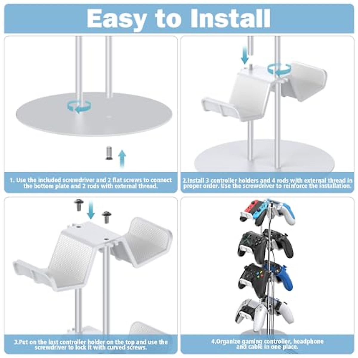 Kytok Gamer Gifts, Headset Stand 4 Tiers with Cable Organizer, Controller Stand Compatible with PS5/Xbox/Nintendo Switch/PS Portal/PS4, Headset Holder & Controller Holder - White