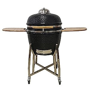 24 in. Lifesmart Kamado Ceramic Charcoal Grill in Black with Free Cover, Electric Starter and Pizza Stone, Double tier cooking grid, 641 sq. in. of cooking surface