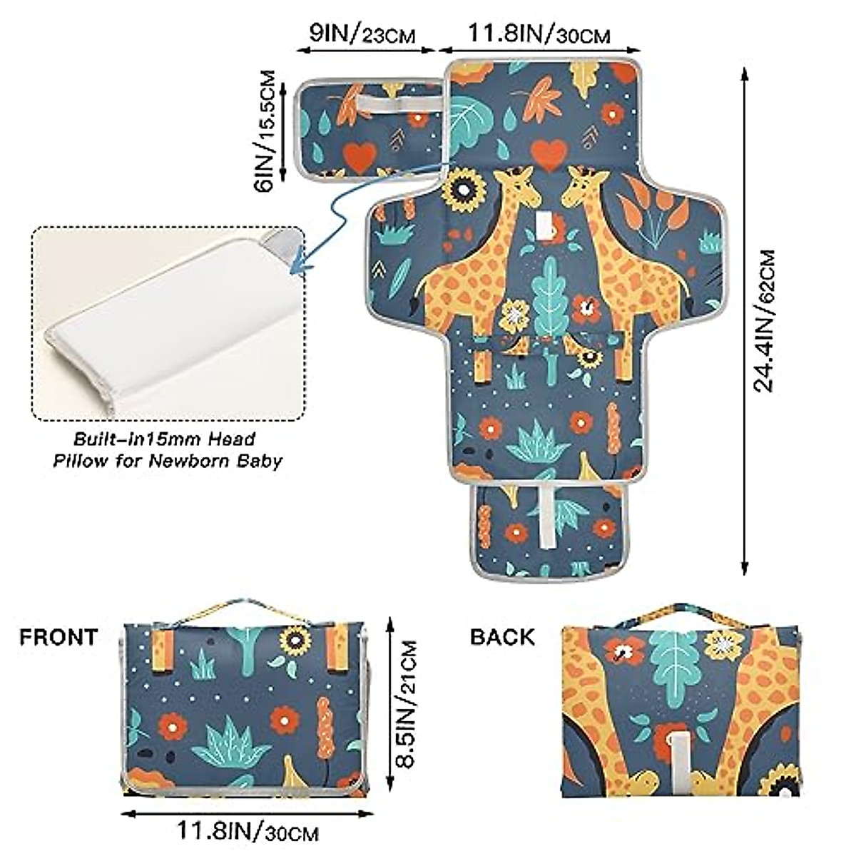 Bulletgxll Cartoon Couple Giraffes Portable Diaper Changing Pad Waterproof Changing Pad with Baby Tissue Pocket and Magic Stick for Newborn Baby.