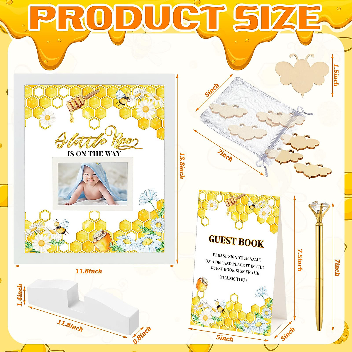 Kigley 65 Pcs Bee Baby Shower Guest Book Alternatives Baby Shower Decorations Baby Shower Guestbook with Wood Slice for 60 Guests Baby Keepsake Signature Book Picture Frame for Birthday