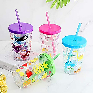 Home Tune 16oz Kids Tumbler Water Drinking Cup 4 Pack - BPA Free, Straw Lid Cup, Reusable, Lightweight, Spill-Proof Water Bottle with Cute Design for Girls & Boys - Unicorn, Mermaid, Dinosaur, Fruit