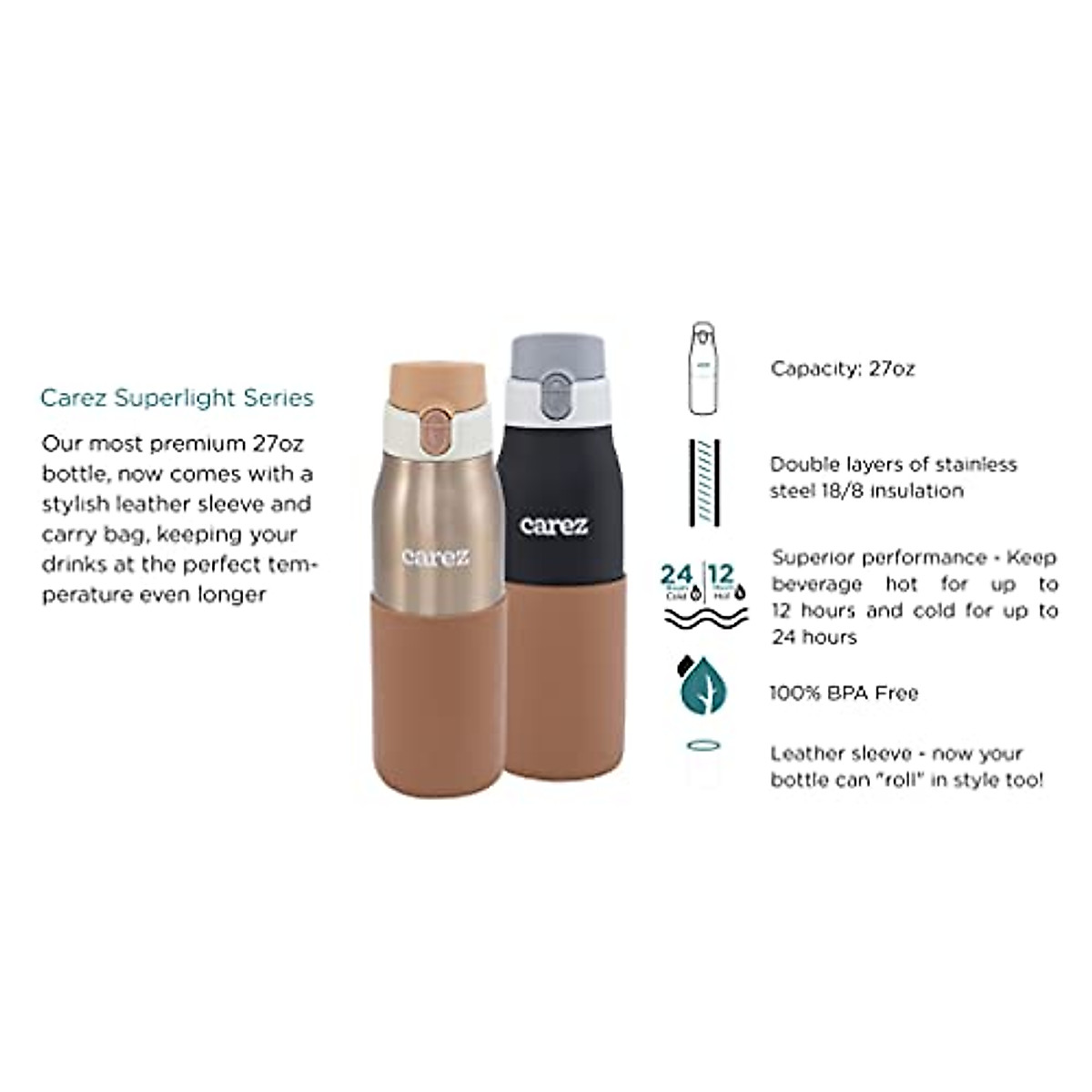 CAREZ SUPERLIGHT Insulated Stainless Steel 100% BPA-Free Leakproof Water Bottle for Office, Gym, Travels with Temperature Retention - Superlight, Anti-slippery, Vacuum Flask (Black Onyx)