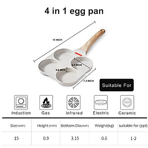 JEETEE Egg Pan Nonstick Omelet Pan 4-Cup Egg Skillet Pancake Pan Stone Coating Cookware Suitablefor all Stove 7.3 inch, Beige