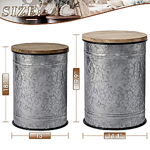 oneinmil Rustic End Table with Storage Bins Farmhouse Furniture Galvanized Metal Stool Ottoman Seat with Round Wood Lid Set of 2