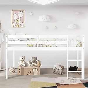 Antetek Twin Loft Bed Frame, Solid Pine Wood Twin Size Bed Frame with Ladder and Safety Full-Length Guardrail, Low Loft Bed for Kids, Teens, Boys, Girls, No Box Spring Needed, White