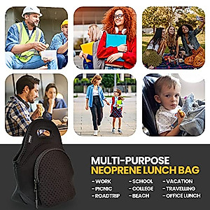 ANGU Neoprene Lunch Bag with Pocket - Keep Your Lunch Nice and Chilled - Washable Lunch Bags Made of Durable 5mm Neoprene - Quality YKK Zippers will Never Break - Soft Cotton Feel (Black)