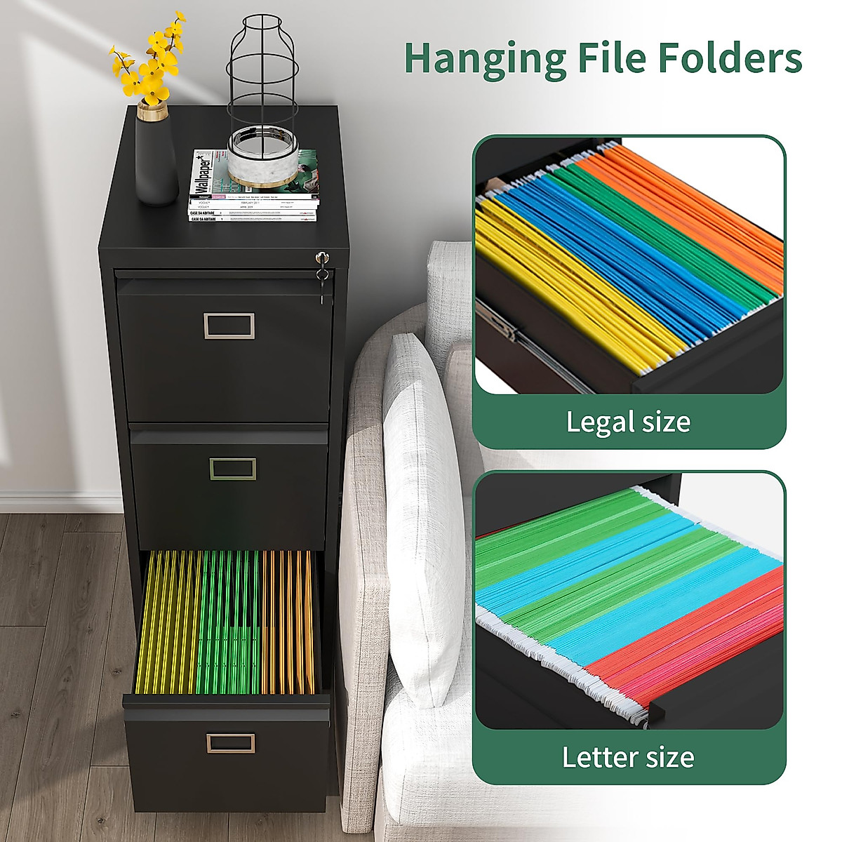 VIYET 3 Drawer File Cabinet, Metal Vertical File Cabinets with Lock for Home Office, Office Steel Filing Cabinet for Hanging Files for A4/ Legal/Letter,Assembly Required (Black)