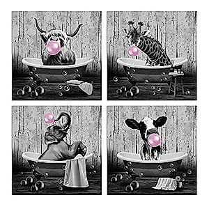 KALAWA Bathroom Pictures Wall Decor Set of 4 Funny Animal Black and White Bathroom Decor Wall Art Pink Bubble Canvas Wall Art Highland Cow Giraffe Elephant Cows Home Decor Framed Ready to Hang 12x12