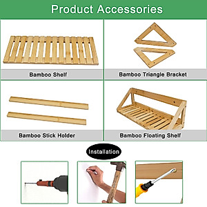 ONEHAUS Floating Shelves Wall Mounted, 3 Pcs Solid Bamboo Wall Hanging Rack Holder, Wall Storage Shelves for Bedroom, Living Room, Bathroom, Kitchen, Office Decor