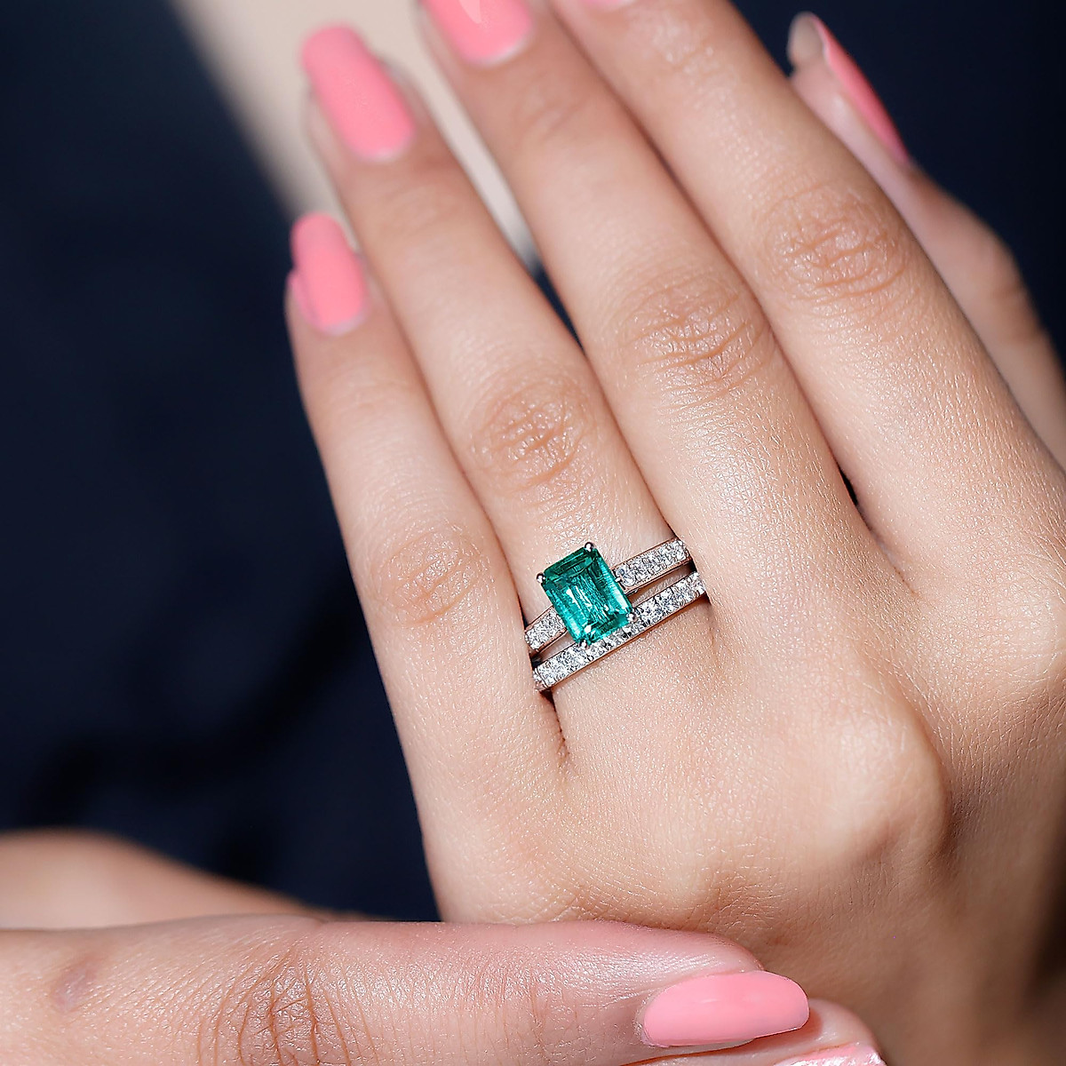 Rosec Jewels Lab Created Emerald Solitaire Ring Set of 2 (6X8 MM Emerald Cut) - Wedding Engagement Ring Set for Women | AAAA Quality, 14K White Gold, Size:US 5.50