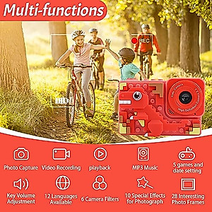 Kids Camera for Boys and Girls, Children Digital Video Toy Camera with Dinosaur Silicone Building Blocks, Selfie Camera for Kids, Christmas Birthday Festival Gifts for Age Above 6 with 32GB SD Card
