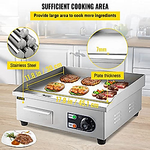 VEVOR Commercial Electric Griddle, 18" Teppanyaki Grill, 1600W Electric Flat Top Grill, Stainless Steel Electric Countertop Griddle w/Drip Hole, 50-300℃ Countertop Griddle for Pancake, Chicken