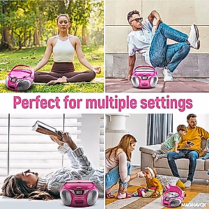 Magnavox MD6924 Portable Top Loading CD Boombox with AM/FM Stereo Radio in Black | CD-R/CD-RW Compatible | LED Display | AUX Port Supported | Programmable CD Player | (Pink)