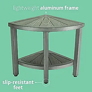 Medline Faux Teak Bathroom Corner Bench, Aluminum Shower Bench with Teak-Like Appearance,Brown