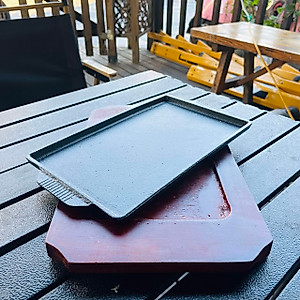 FJPTFENG Cast Iron Steak Plate, Grill Pans, Sizzle Griddle with Wooden Base, Steak Pan, Griddle Grill Pan with handles (Plate 6.7" x 4.4")