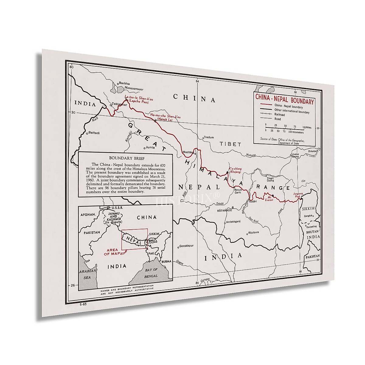 HISTORIX Vintage 1968 China Nepal Boundary Map - 24x36 Inch Vintage Map of China & Nepal Wall Art - History Map of Tibet - Old China Nepal Map