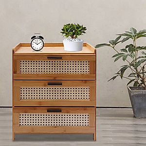 DDBESSIC Nightstand, 3 Drawers End Table Mid-Century Vintage Side Table, Retro Bedside Table Natural Bamboo Living Room Bedroom Storage Table Night Stand