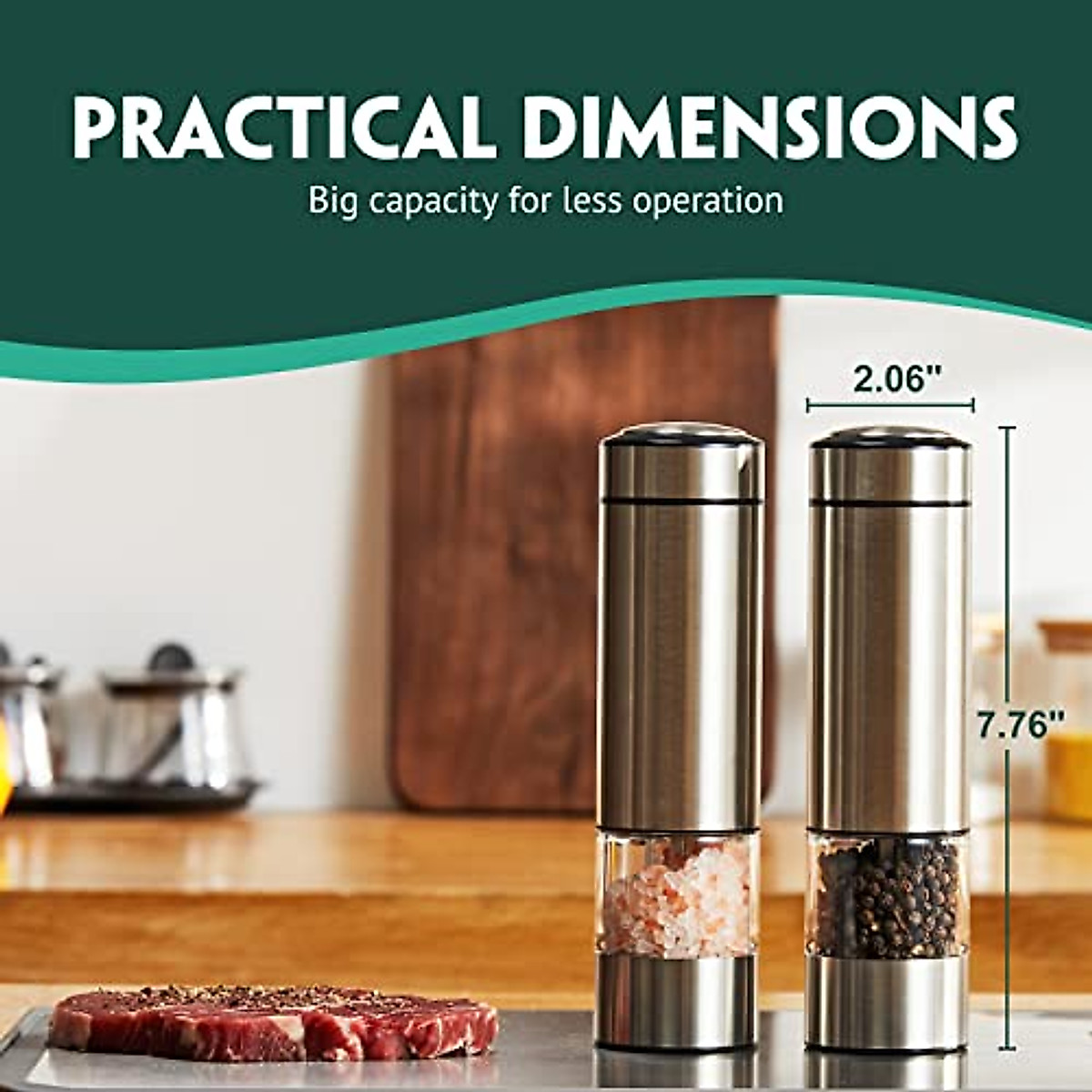 Electric Salt and Pepper Grinder Set - Kitexpert Battery Operated Pepper Mill with Light - One Handed Operation with Large Button - Up to 5 Adjustable Grinding Levels