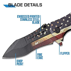MTech USA – Spring Assisted Folding Knife – Stainless Steel Blade, Aluminum Handle w/ Embossed Flag, Rope Cutter, Glass Punch, Pocket Clip - Hunting, Camping, Survival, Tactical, EDC – MT-A845F