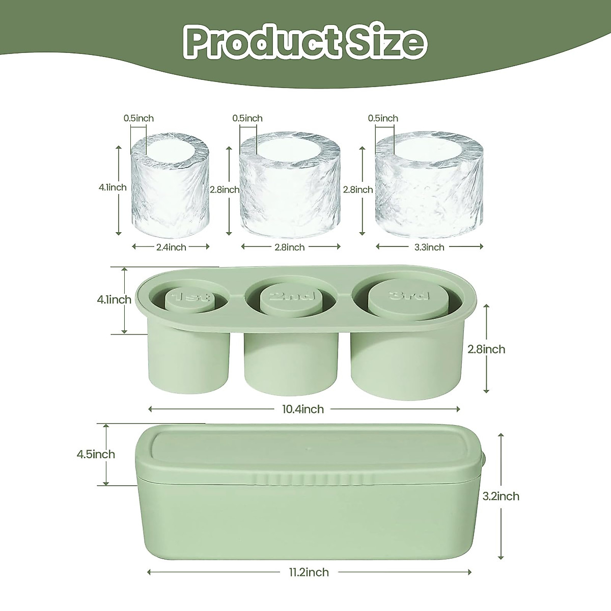 Ice Mold for Stanley Cup，Ice Cube Tray for 30oz-40oz Tumbler，3 Pcs Silicone Cylinder Tumbler Ice Mold with Lid for Freezer,Ice Drink, Whiskey, Juice, Coffee, Easy Fill and Release Ice Maker Green