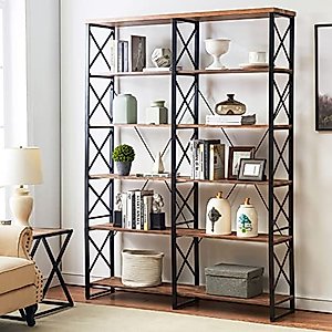 O&K FURNITURE Double Wide 6-Shelf Bookcase, 80.7” Industrial Large Open Metal Bookcases Furniture, Etagere Bookshelf for Home & Office, Vintage Brown