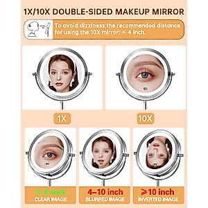 1X/10x Magnified Lighted Makeup Mirror Double Sided Round Magnifying Mirror Standing 360 Degree Swivel Vanity Mirror Battery Operated 7 Inch Diameter Shaving Bathroom Mirror