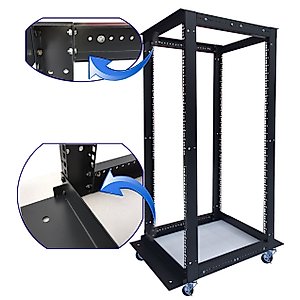Sysracks 4 Post Open Frame Server Rack Mobile Relay with Wheels Casters for 19" Network Server AV IT Equipment Gear Rack Cabinet Adjustable Depth 24"-37" (22U)