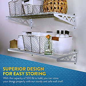 MonsterRax Garage Wall Shelf Two-Pack White or Hammertone Three Size Options Includes Bike Hooks 500lb Weight Capacity (White, 18"x36")