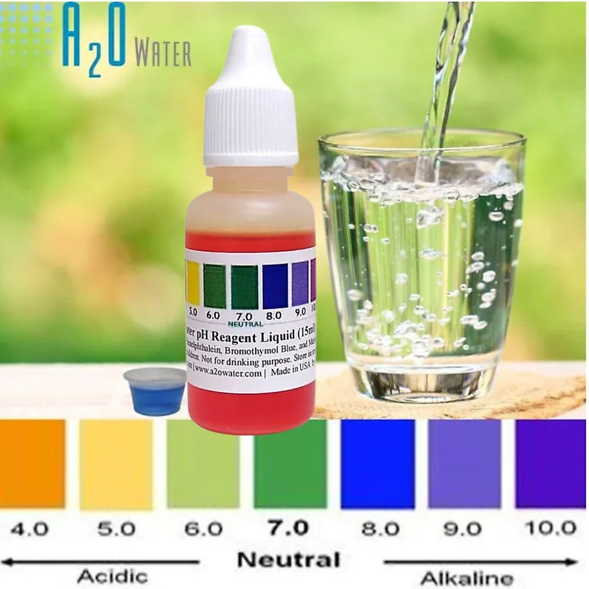 Water pH Level Test kit, Alkaline, Tap, and Drinking Water (WHT/100-125 Tests) 0.50 Fl Oz, More Accurate Than Test Strips, Made in USA, by A2O Water