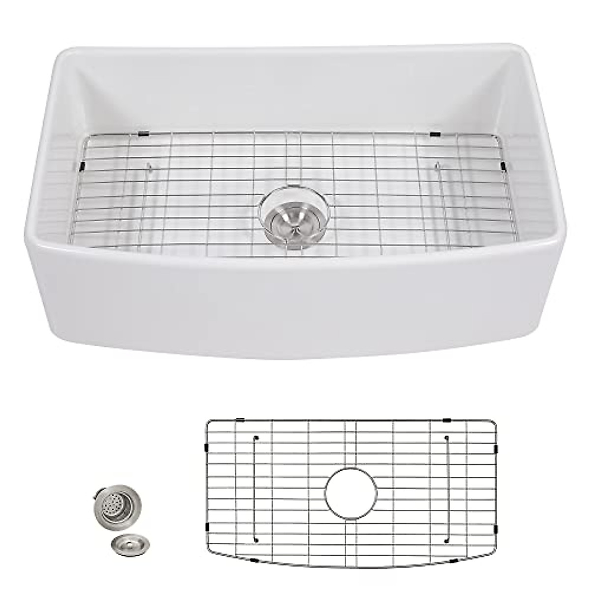 33 White Farm Sink - Fulorni 33"x20" Curved Apron Front Farmhouse Sink Single Bowl Ceramic Porcelain Fireclay Farmer Style Kitchen Sink Basin