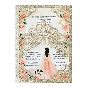 Hosmsua 50PCS 5.1x7.3 Inch Blank Champagne Glitter Quinceanera Invitations Kit Laser Cut Floral Crown Pocket Quinceanera Invitation Cards with Envelopes for Birthday Bridal Shower Quince Invite