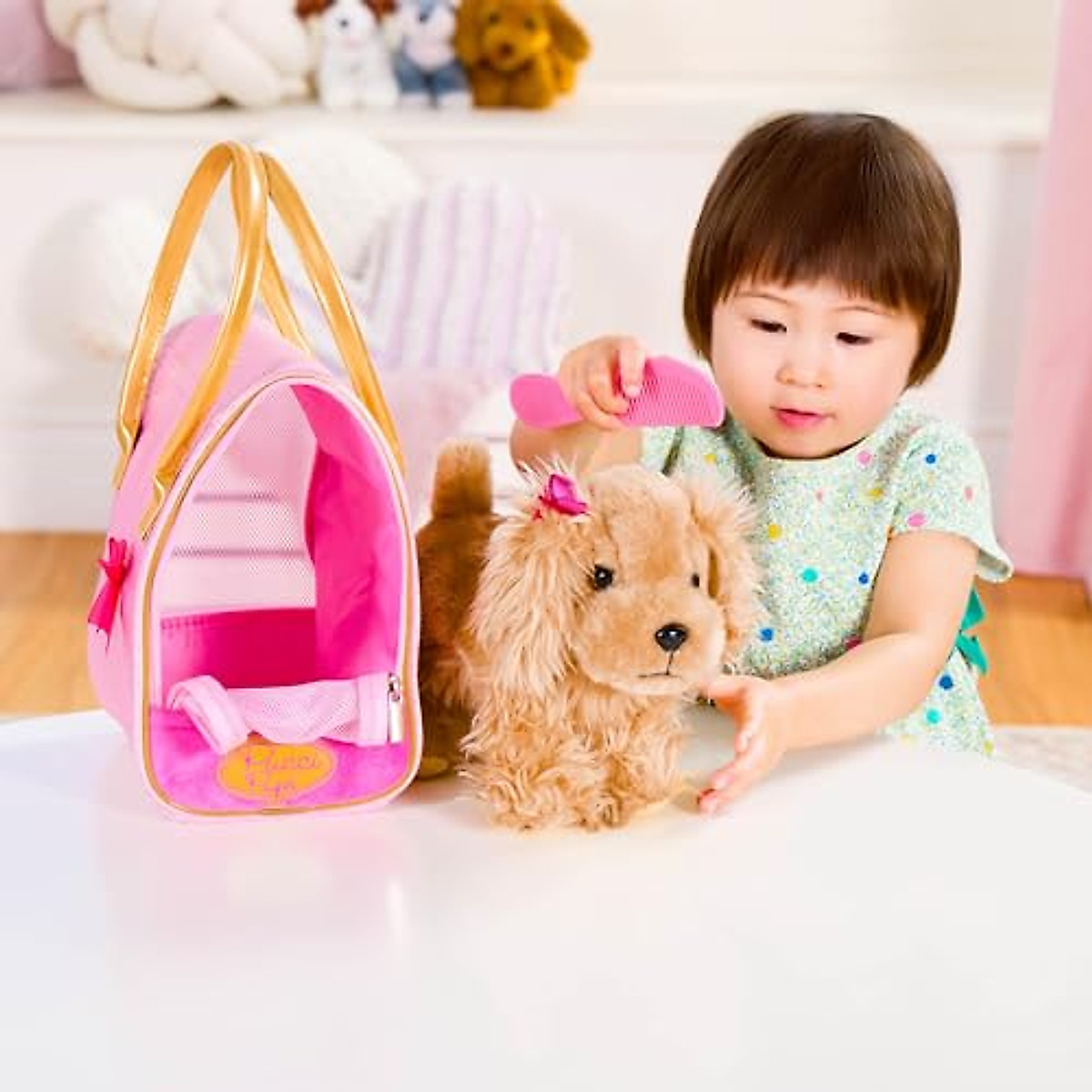 Pucci Pups – Cocker Spaniel Stuffed Puppy with Pink and Gold Dotted Stuffed Animal Bag