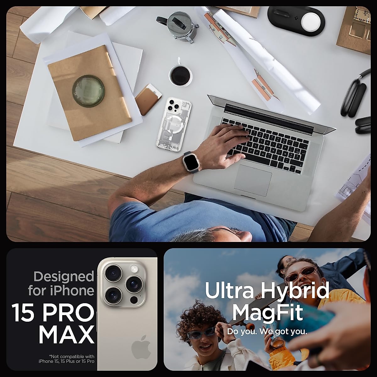 Spigen Ultra Hybrid MagFit Designed for iPhone 15 Pro Max Case (2023) [Anti-Yellowing] [Military-Grade Protection] Compatible with MagSafe - Zero One White