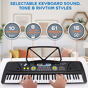 Pyle Electric Keyboard 61 Keys-Portable Digital Musical Karaoke Piano Keyboard-10 Rhythms 16 Tones, Stereo Speakers, Rechargeable Battery-Wired Microphone-Beginners Kids (PKBRD6112)