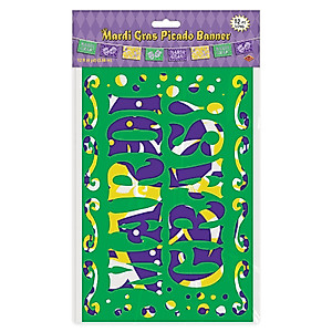 Beistle Weather Plastic Picado Style Pennant Banner Mardi Gras Photography Background Party Decorations New Orleans Hanging Décor, 8" x 12', Green/Yellow/Purple