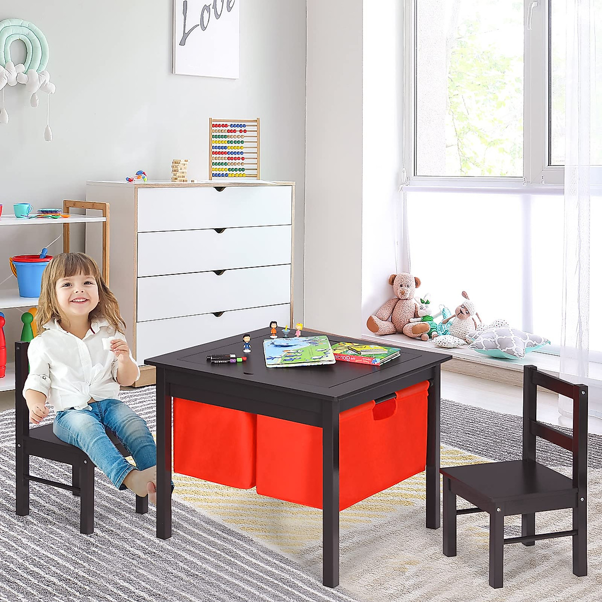 Costzon Kids Table and Chair Set, Children Wooden Activity Table w/Storage, Double-sided Building Block Tabletop, Drawer, 2 Chairs for Preschool, Nursery, Kindergarten, Toddler Table & Chair, Espresso