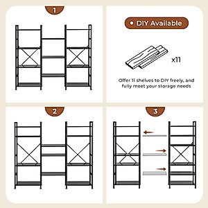 SUPERJARE Triple 4 Tier Bookshelf, Bookcase with 11 Open Display Shelves, Wide Book Shelf Book Case for Home & Office, Black
