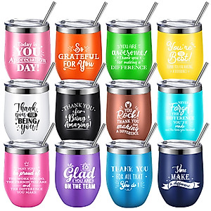 Uiifan 12 Pcs Appreciation Employee Gifts Wine Tumbler Bulk Thank You Team Gift for Staff Office Coworker Women Men 12 oz Inspirational Stainless Steel Insulated Tumbler with Straw