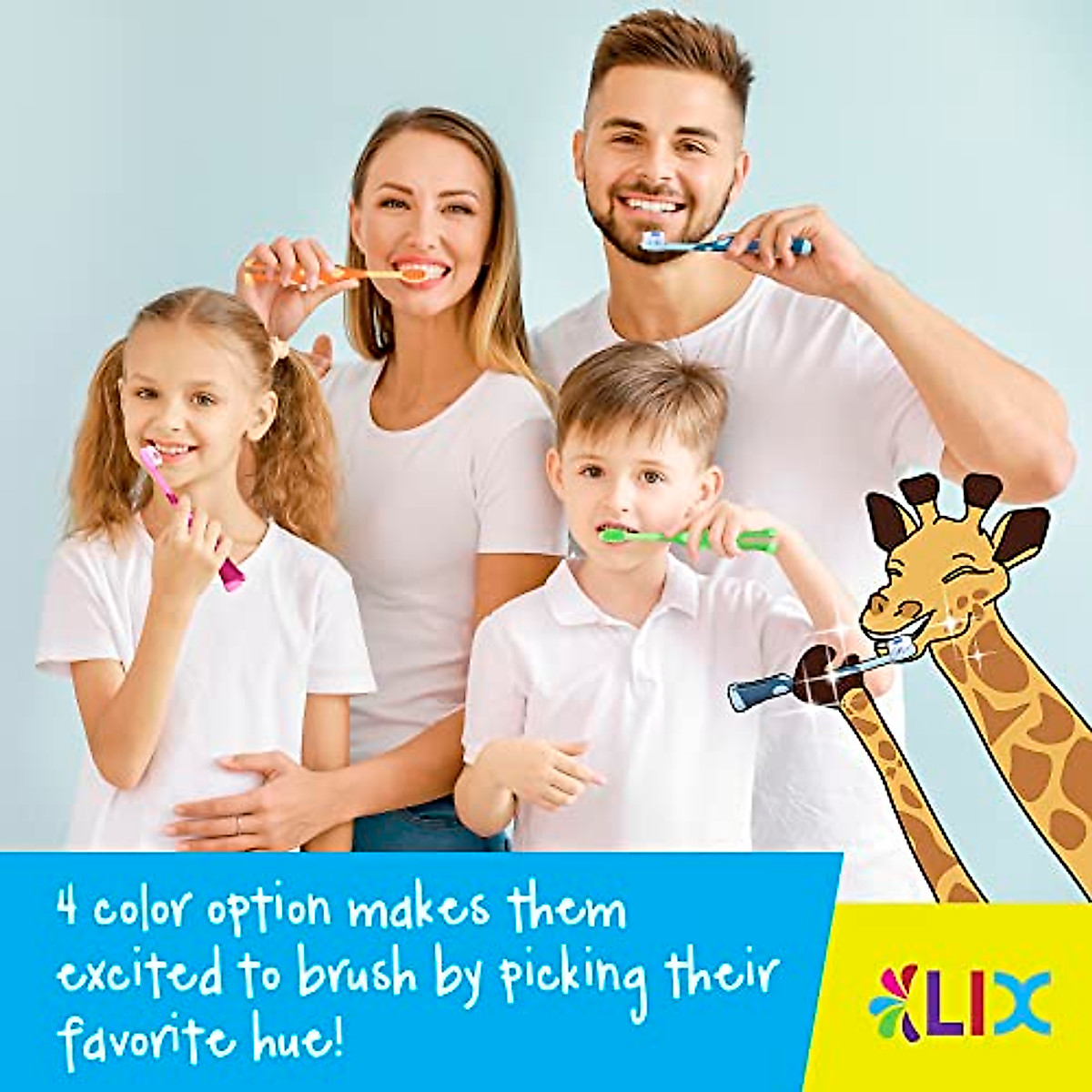 55Dental Kids Toothbrush Set of Soft Giraffe Toothbrush for Kids 3-9. Easy-Grip, Bristle Cover, Self-Standing & Splited Bottom for Cup Rim. by Lix, 4 Colors