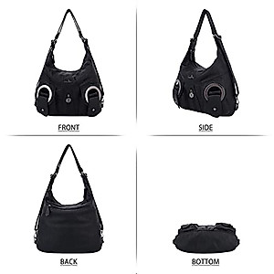 Angel Kiss Purses and Handbags Multi-Pocket Roomy Ladies Shoulder Hobo Bag Satchel Tote Washed Black Leather Purses for Women