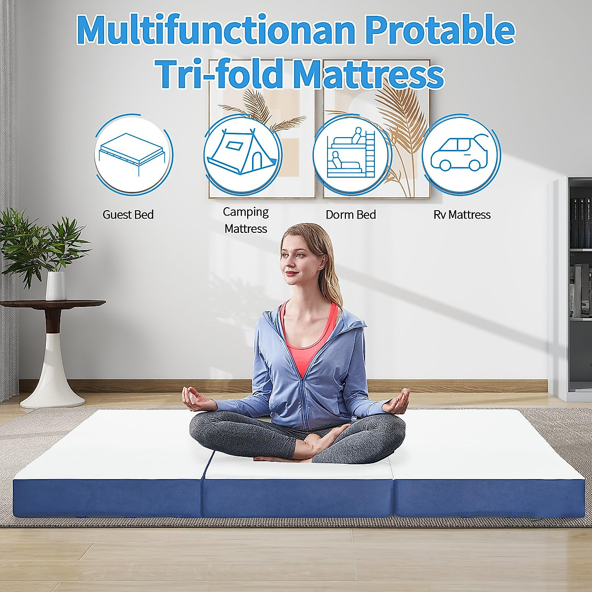 CYMULA Folding Mattress Full Size,4 inch Memory Foam Tri Fold Mattress,Portable Folding Mattress with Washable Cover, Foldable Mattress Topper Full Camping,Guest (52"×73"×4")