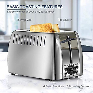 prepAmeal 2 Slice Toaster Stainless Steel Toaster Two Slice Bagel Toaster Small Bake Toaster with 6 Browning Setting, Reheat, Defrost, Bagel, Cancel Function, Extra Wide Slots (Silver - 2 Slice)
