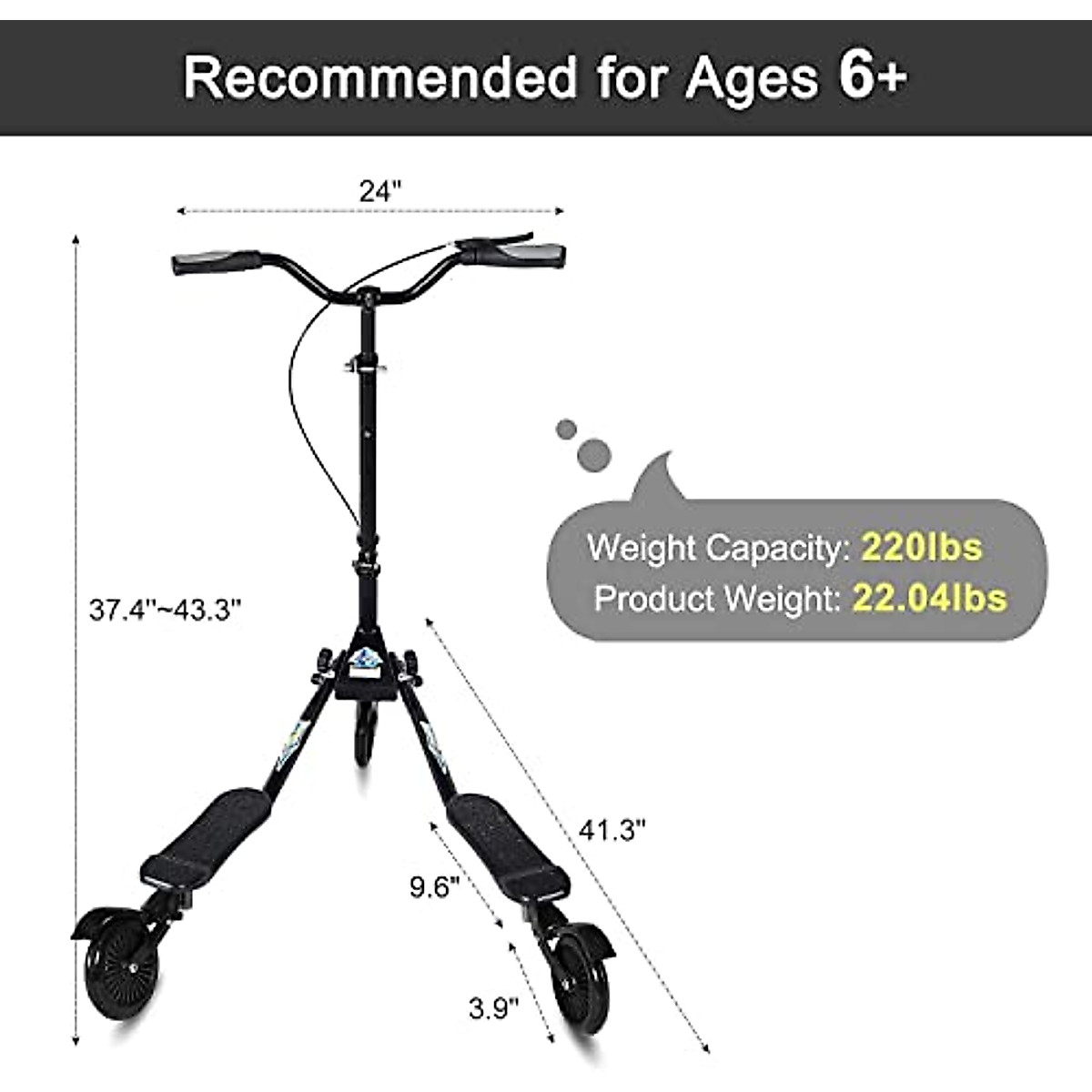 AODI Swing Wiggle Scooter, 3 Wheels Drifting Scooter with Adjustable Height/Folding Kick Scooter for Kids/Woman/Men Age 6+ Years Old