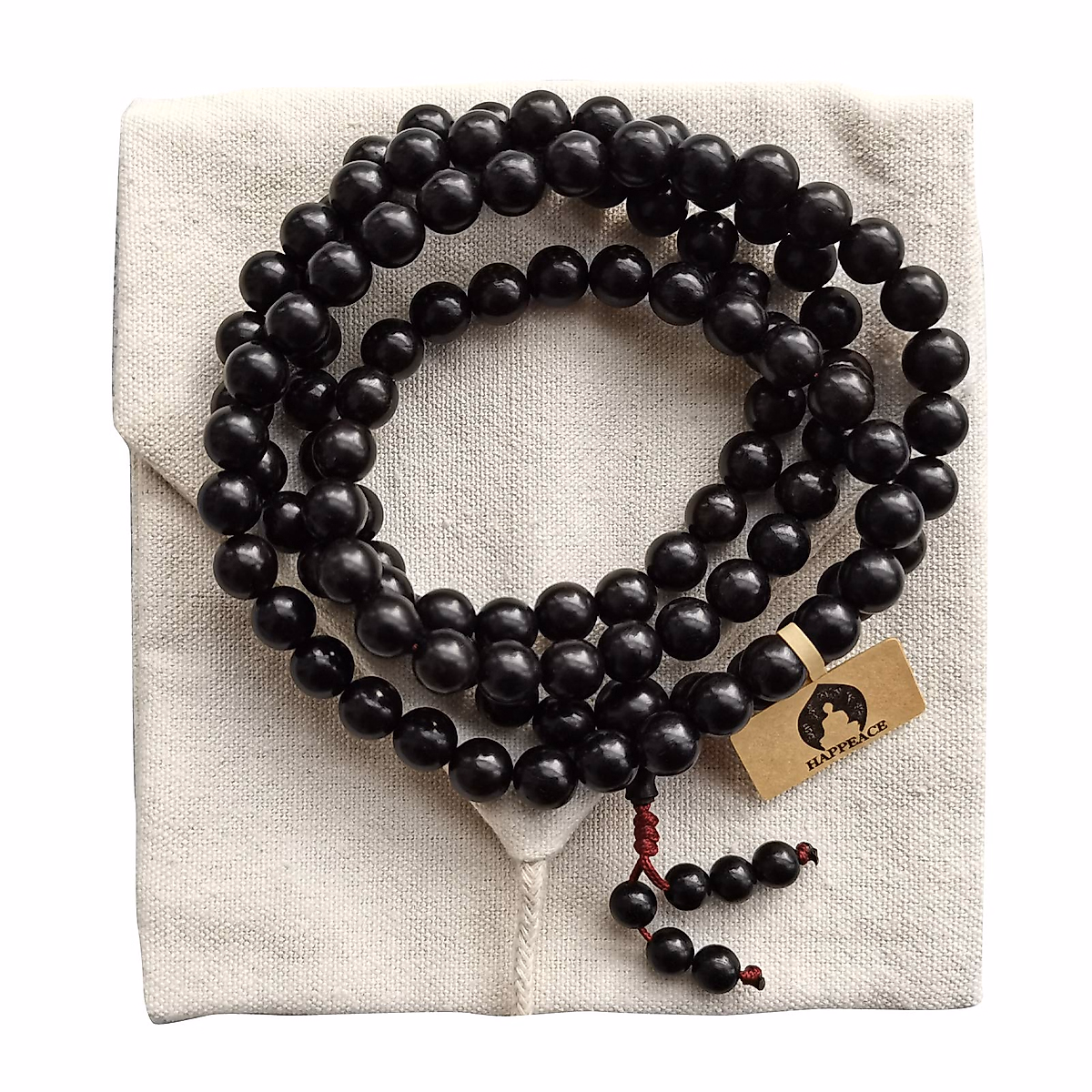 HAPPEACE 8mm Inelastic rope Natural Ebony 108 Mala beads- Tibetan Prayer bead or Meditation