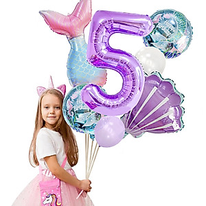 Mermaid Birthday Decorations, 13 Pcs Mermaid Balloons Decorations, Mermaid Foil Balloon Mermaid Tail Balloon Mermaid Decorations for Birthday Party, Baby Shower (Number 5)