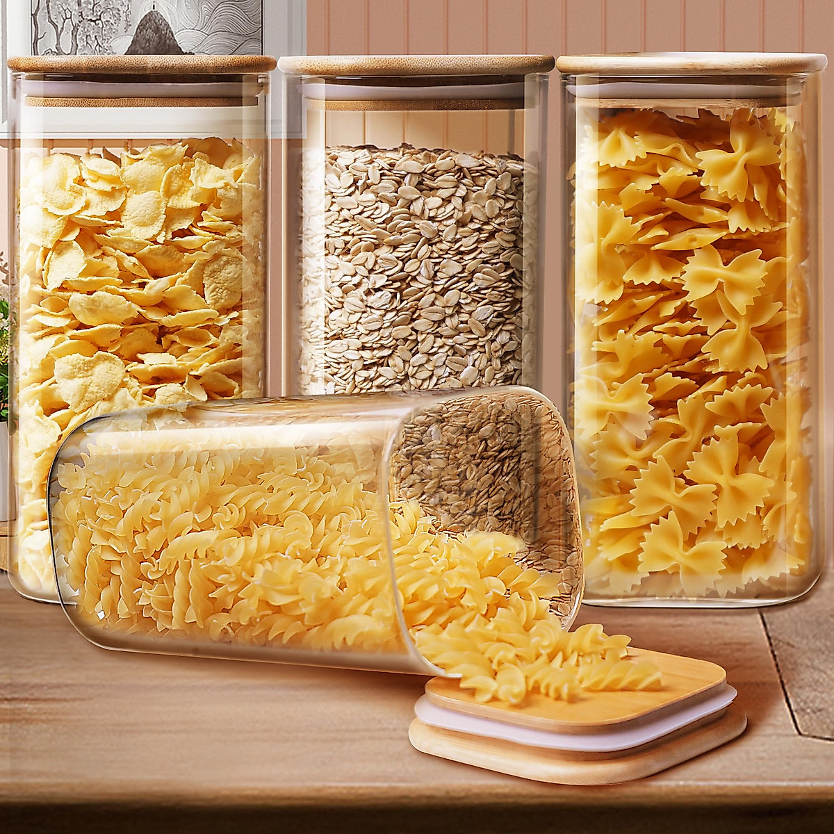 HomArtist Square Glass Jars with Bamboo Lids 53 FL OZ [Set of 4], Glass Canisters with Airtight Lid, Glass Food Storage Containers for Pasta, Cereal, Coffee, Flour, Sugar, Best for Kitchen & Pantry