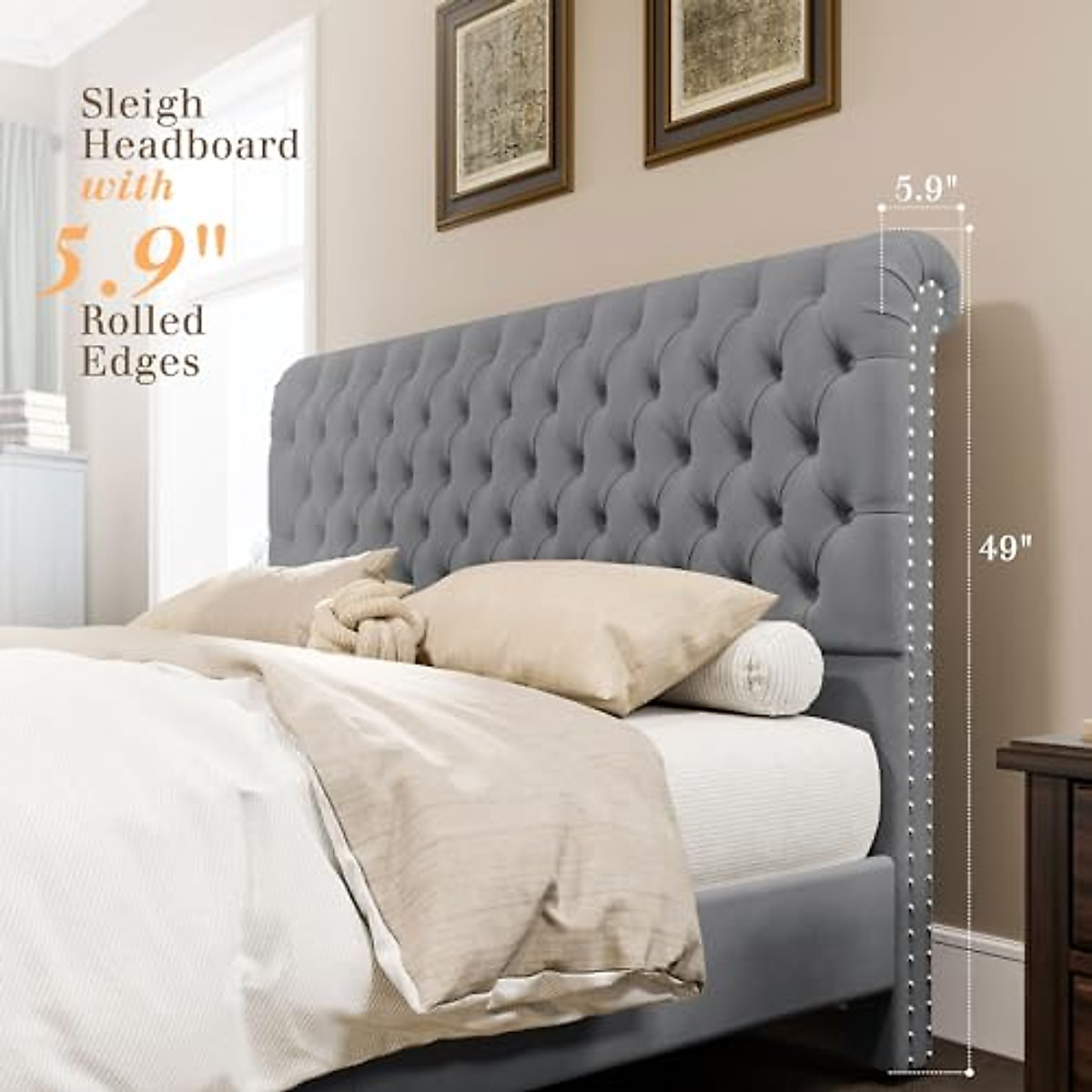 PaPaJet Bed Frame Queen Size with Headboard and Footboard, Velvet Upholstered Sleigh Bed, Deep Button Tufted, No Box Spring Needed, Grey